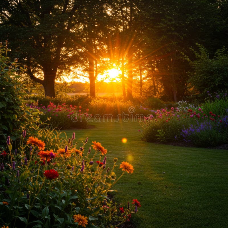 Vibrant Sunset Garden Flowers Landscape Stock Illustration ...