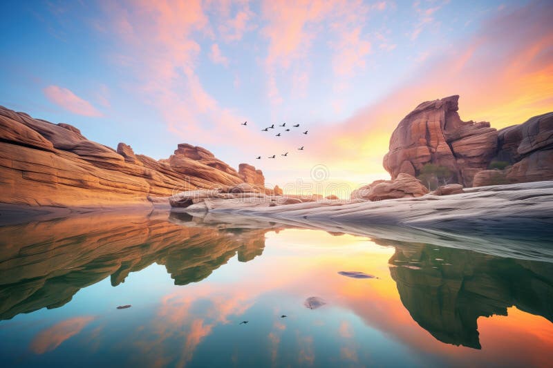 Vibrant Sunset Hues Behind Geese V-formation Over Cliffs Stock Photo ...