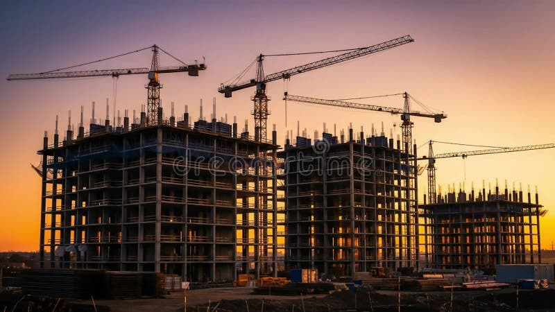 Vibrant Sunset Illuminates a Bustling Construction Site with Multiple ...