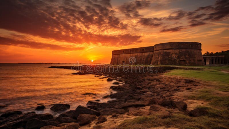 Vibrant Sunset Illuminates Coastal Fort Stock Illustration ...