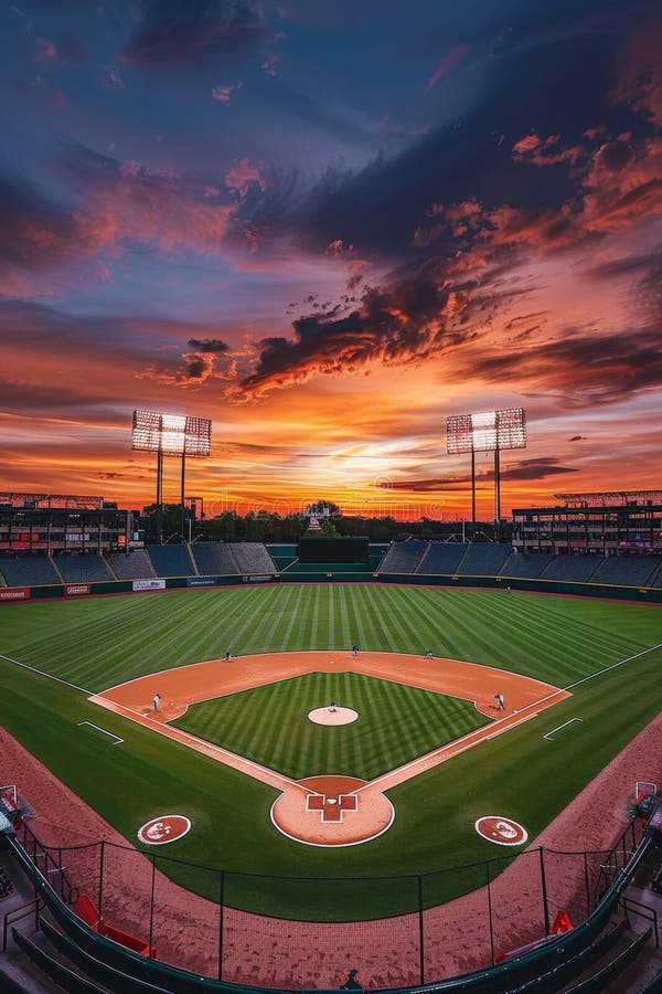 Vibrant Sunset Illuminating Baseball Diamond with Stadium Lights Stock ...