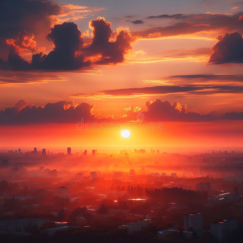 Vibrant Sunset Illuminating City Skyline Dense Clouds Stock Photos - Free & Royalty-Free Stock ...
