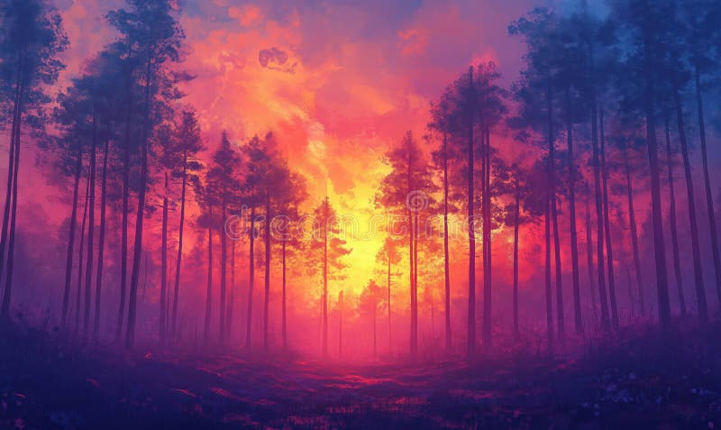 Vibrant Sunset Illuminating Forest Dramatic Colors Silhouettes Trees ...