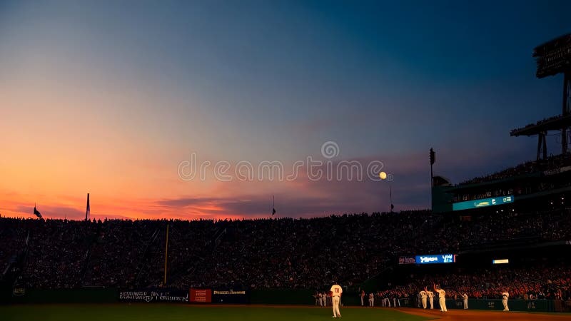 Vibrant Sunset Illuminating Packed Stadium, Baseball Soaring Past ...