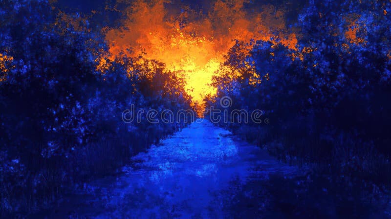 A Vibrant Sunset Illuminating a Tranquil Pathway through Lush Foliage ...