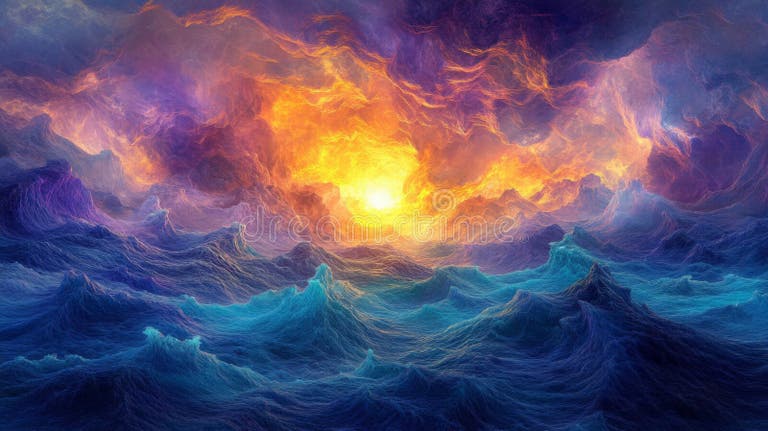 Vibrant Sunset Landscape with Blue Mountains and Fire Clouds Stock ...