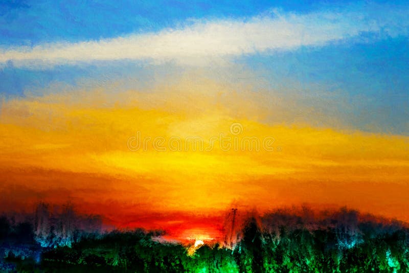 Vibrant Sunset Landscape Illustration Background Stock Photo - Image of ...