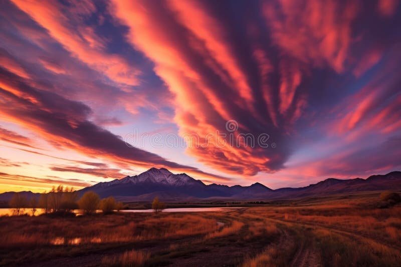 Vibrant Sunset with Lenticular Clouds Over a Mountain Range Stock ...