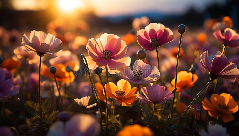 Vibrant Sunset Meadow, Flowers Bloom in Nature Generated by AI Stock ...
