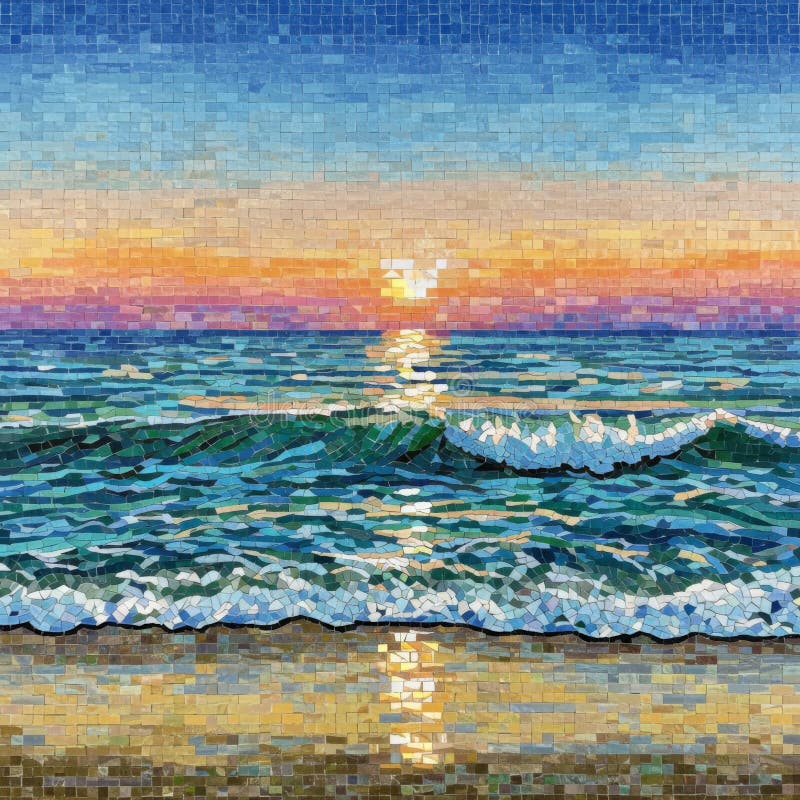 Vibrant Sunset Mosaic Ocean Beach Scene Stock Image - Image of gold ...
