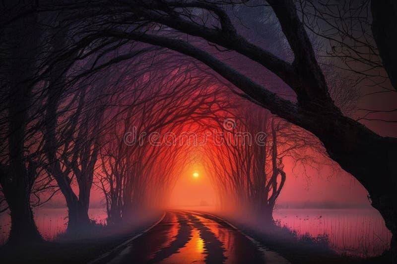 Vibrant Sunset in a Mysterious Foggy Path Stock Illustration ...