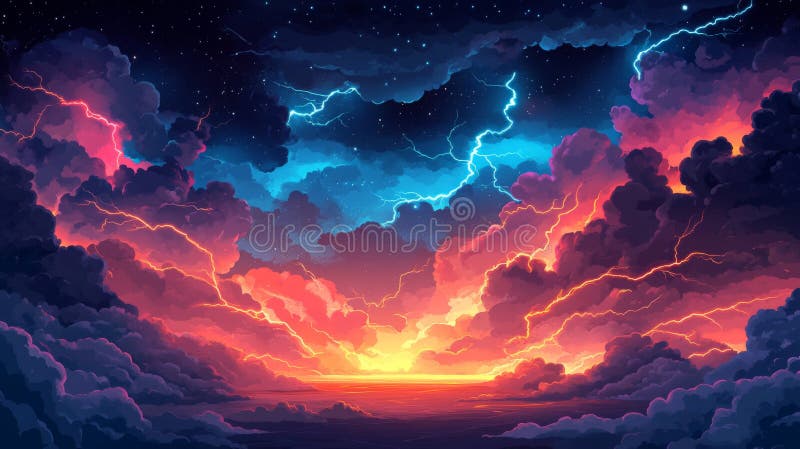 Vibrant Sunset and Night Sky with Pixel Art Clouds Stock Illustration ...