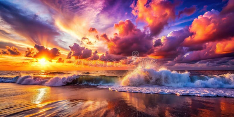 Vibrant Sunset Ocean Scene with Dramatic Waves Crashing on Shore ...