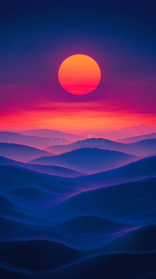 Vibrant Sunset Over Abstract Blue and Purple Hills Stock Photo - Image ...