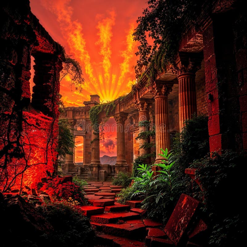 Vibrant Sunset Over Ancient Ruins Surrounded by Lush Greenery and ...