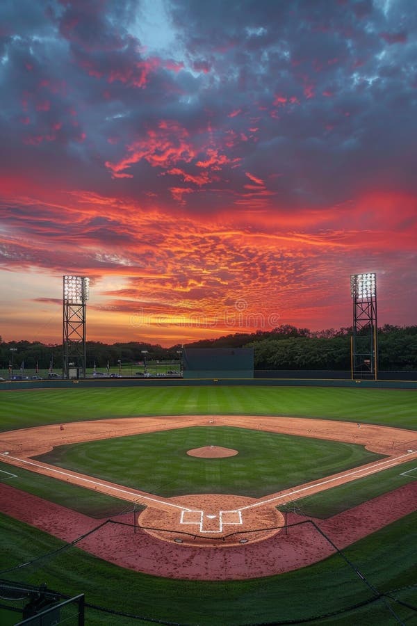 Vibrant Sunset Over Baseball Diamond with Stadium Lights and Colorful ...