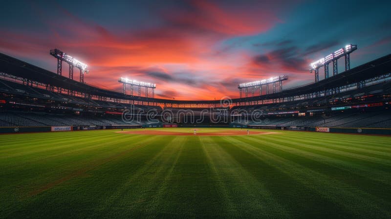 Vibrant Sunset Over Baseball Diamond with Stadium Lights Illuminating ...