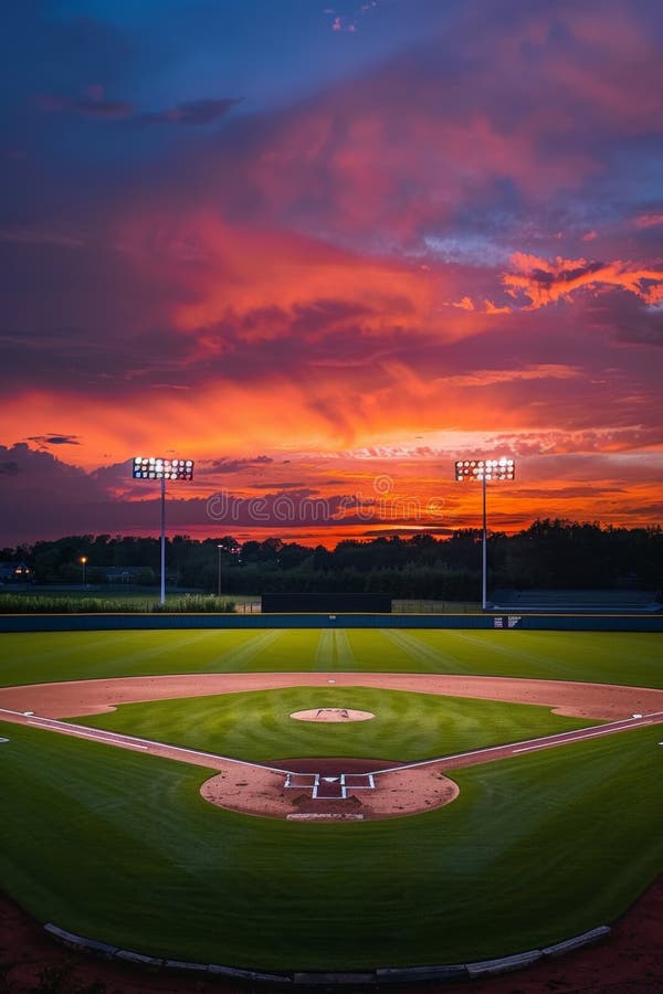 Vibrant Sunset Over Baseball Field with Stadium Lights Illuminating ...