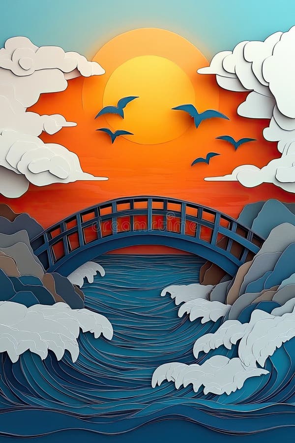 A Vibrant Sunset Over a Bridge, with Paper Art Clouds and Waves ...