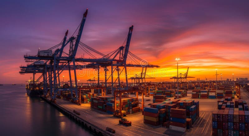 Vibrant Sunset Over Busy Cargo Port with Cranes Stock Illustration ...