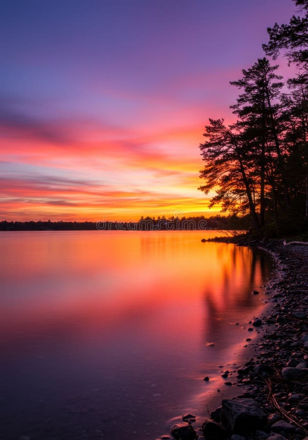 Vibrant Sunset Over Calm Lake with Tree Silhouettes Stock Illustration ...
