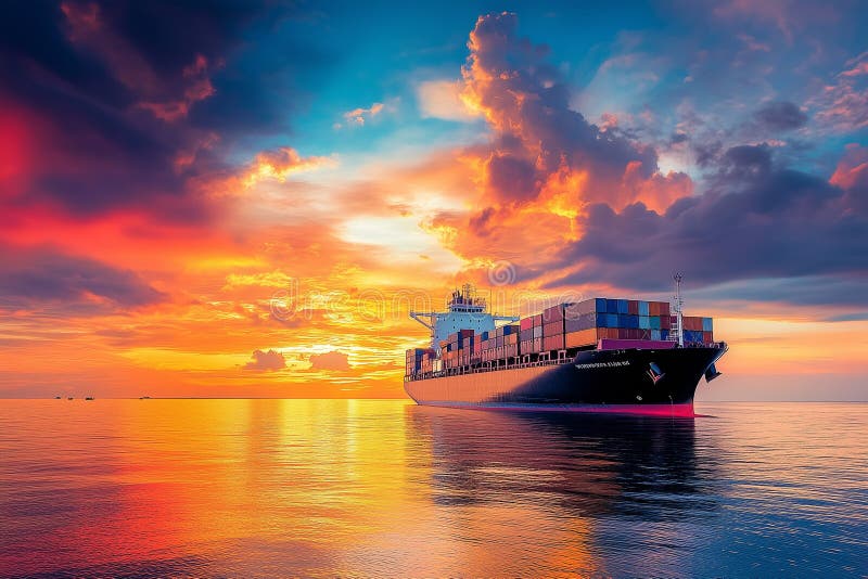 Vibrant Sunset Over Cargo Ship Stock Illustration - Illustration of ...