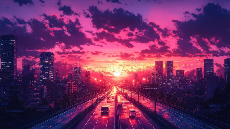Vibrant Sunset Over a City Highway - Abstract Art Stock Illustration ...