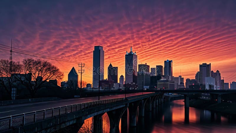 Vibrant Sunset Over a City Skyline with Dramatic Clouds Reflecting in the River Creating a ...
