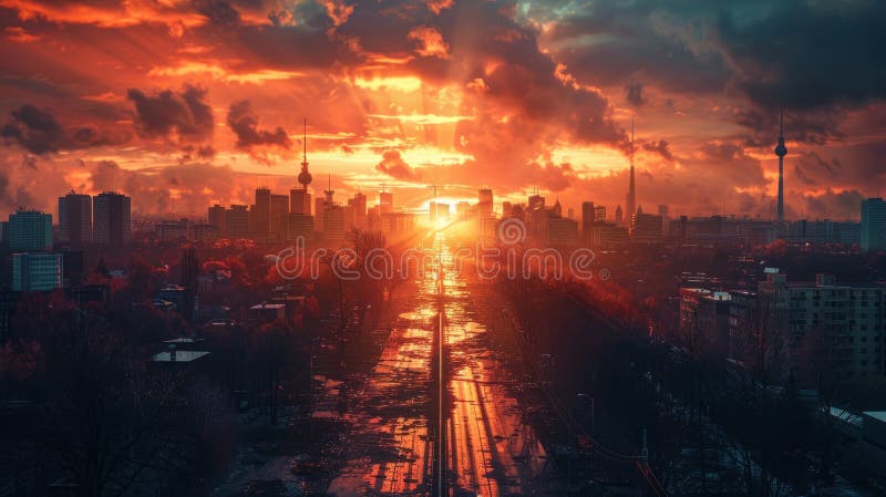 Vibrant Sunset Over a City Skyline with Dramatic Clouds and Reflections ...