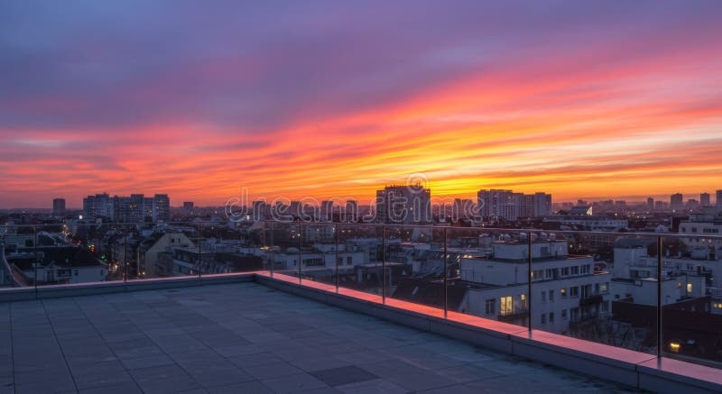 Vibrant Sunset Over City Skyline from Rooftop Stock Illustration ...