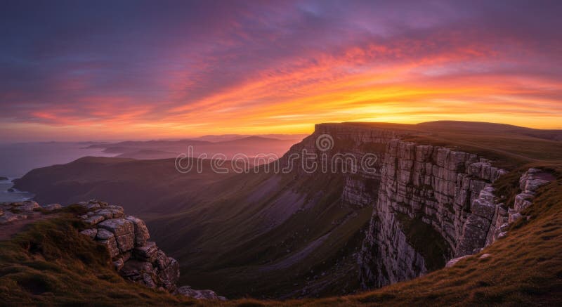Vibrant Sunset Over Coastal Cliffs and Ocean Stock Illustration ...