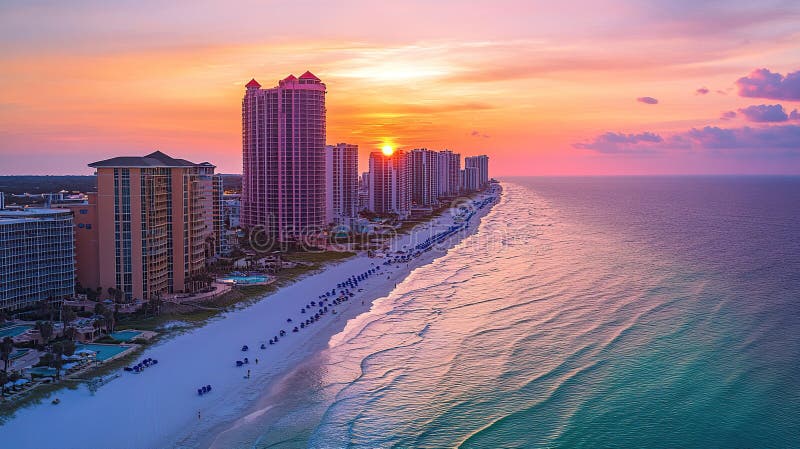 Vibrant Sunset Over Coastal High Rise Buildings Beach Stock Photos ...