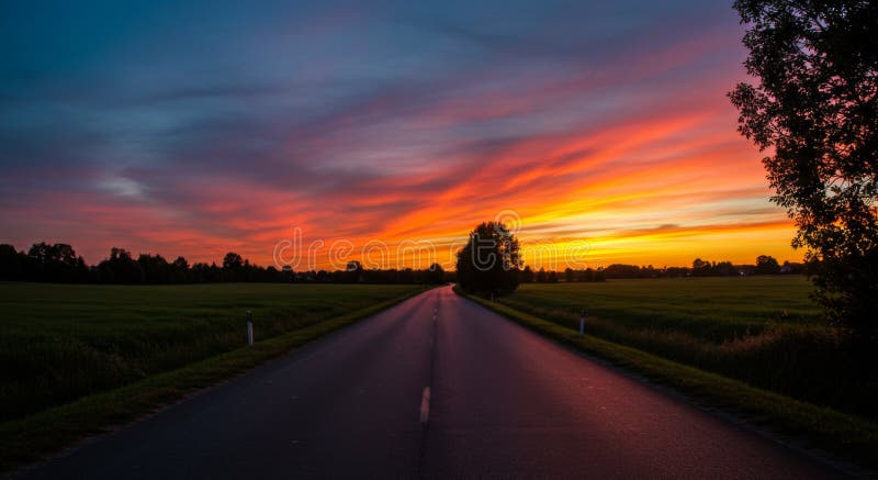 Vibrant Sunset Over Country Road Stock Illustration - Illustration of ...