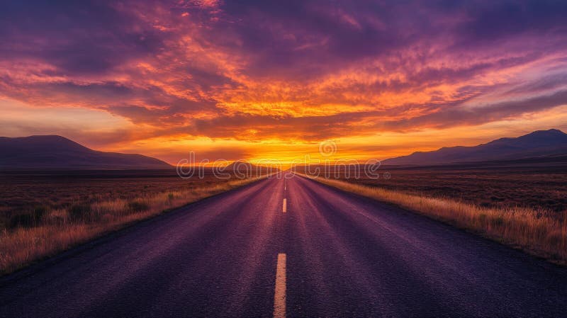 Vibrant Sunset Over a Desert Highway Stock Illustration - Illustration ...