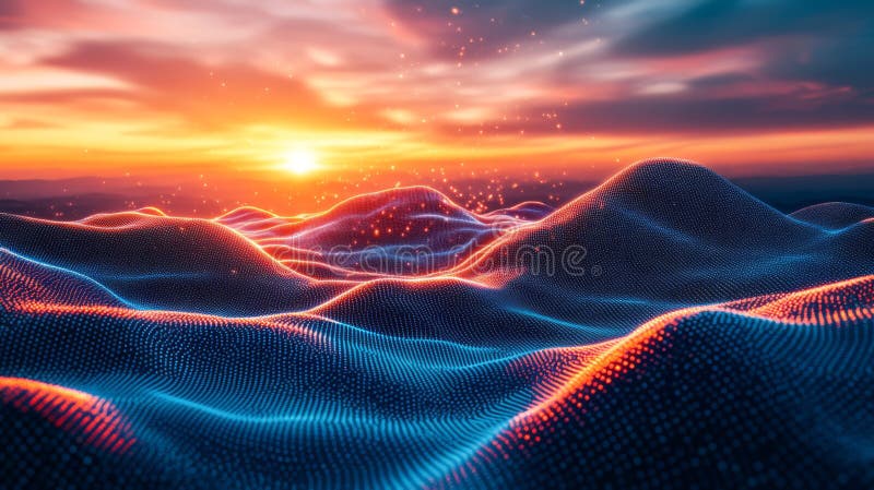 Vibrant Sunset Over Digital Mountainscape Stock Illustration ...