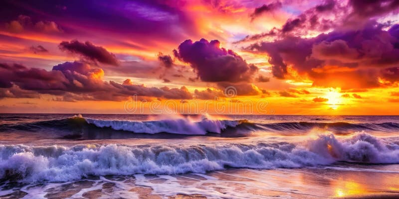 Vibrant Sunset Over Dramatic Ocean Waves Crashing on Shore. Generative AI Stock Illustration ...