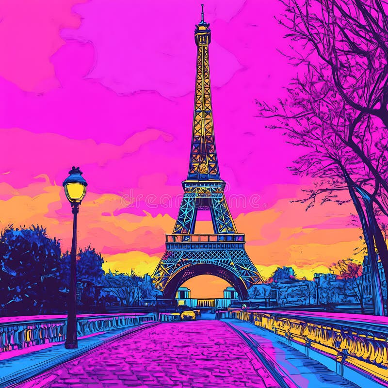 Vibrant Sunset Over Eiffel Tower, Paris Stock Illustration ...