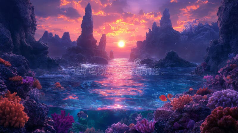 Vibrant Sunset Over a Fantasy Coral Reef Stock Illustration ...