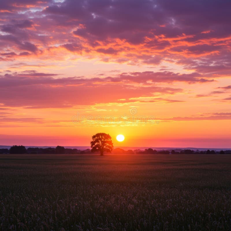 Vibrant Sunset Over a Field with a Lone Tree Stock Illustration ...