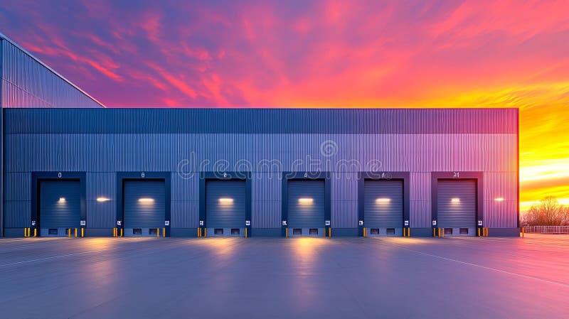 Vibrant Sunset Over Industrial Warehouse with Loading Docks Stock ...