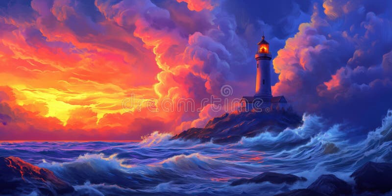 Vibrant Sunset Over Lighthouse with Dramatic Clouds and Ocean Waves ...