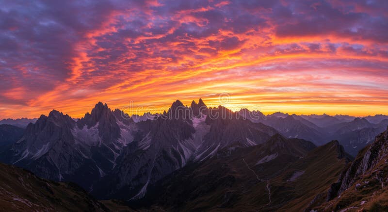 Vibrant Sunset Over Majestic Alpine Mountains Stock Illustration ...