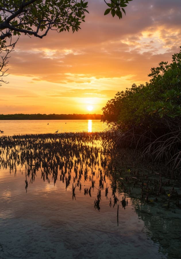 Vibrant Sunset Over Mangrove Trees Calm Water Stock Photos - Free ...