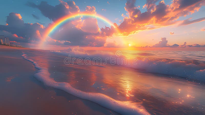 Vibrant Sunset Over Ocean Beach with Rainbow Stock Illustration ...