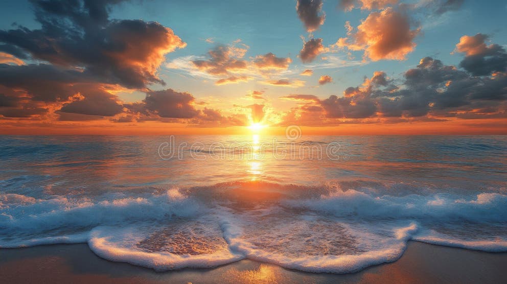 Vibrant Sunset Over Ocean Beach with Waves Stock Illustration ...