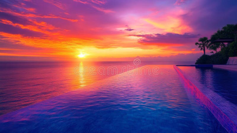Vibrant Sunset Over Ocean with Infinity Pool Stock Illustration ...