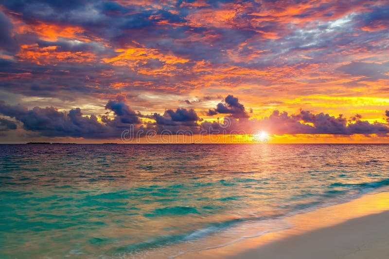 Vibrant Sunset Over Ocean on Maldives Stock Image - Image of tranquil ...