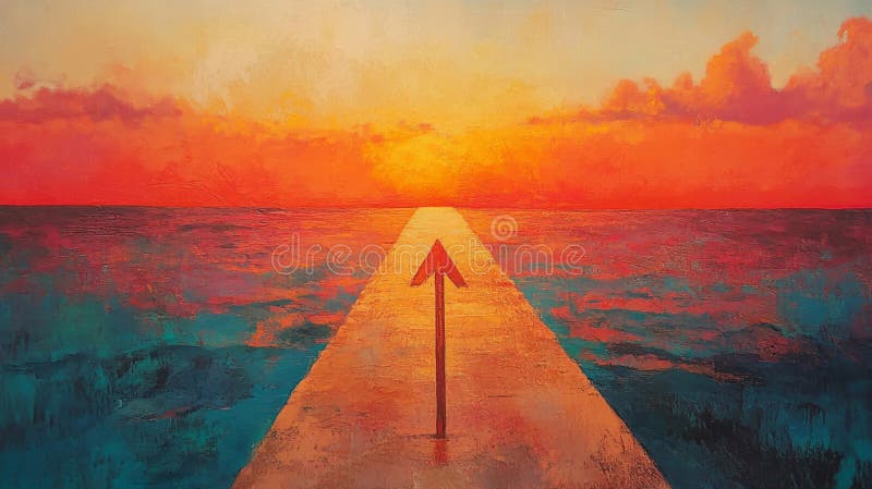 Vibrant Sunset Over Ocean Path with Arrow Stock Illustration ...