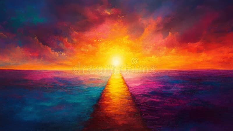 Vibrant Sunset Over Ocean Path To Light Stock Illustration ...