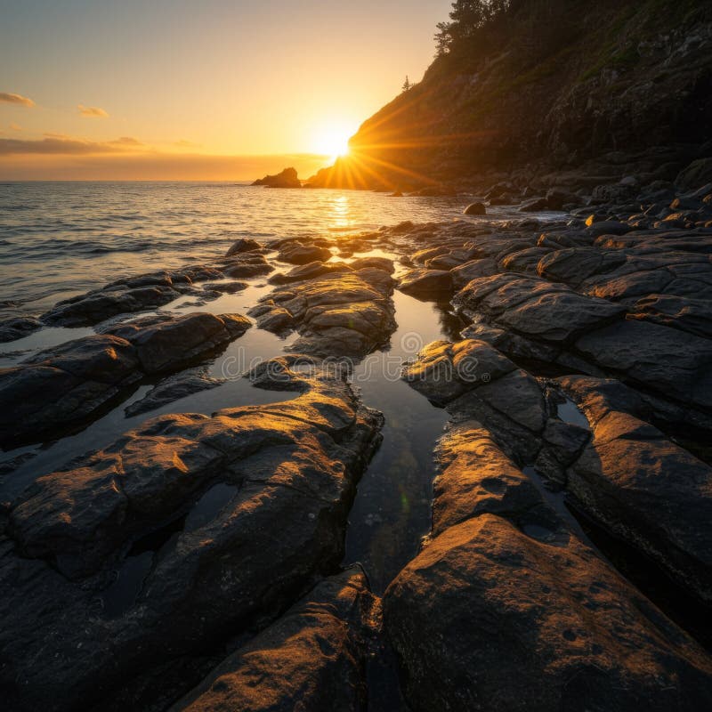 Vibrant Sunset Over Ocean Rocks and Coastal Shore Stock Illustration - Illustration of evening ...